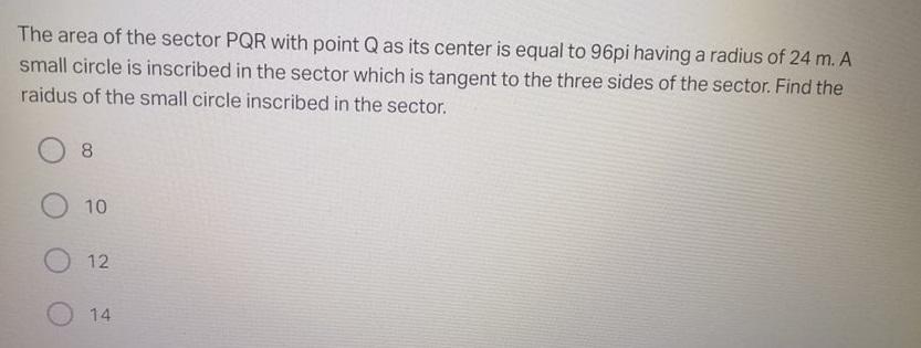 Solved The area of the sector PQR with point Q as its center | Chegg.com