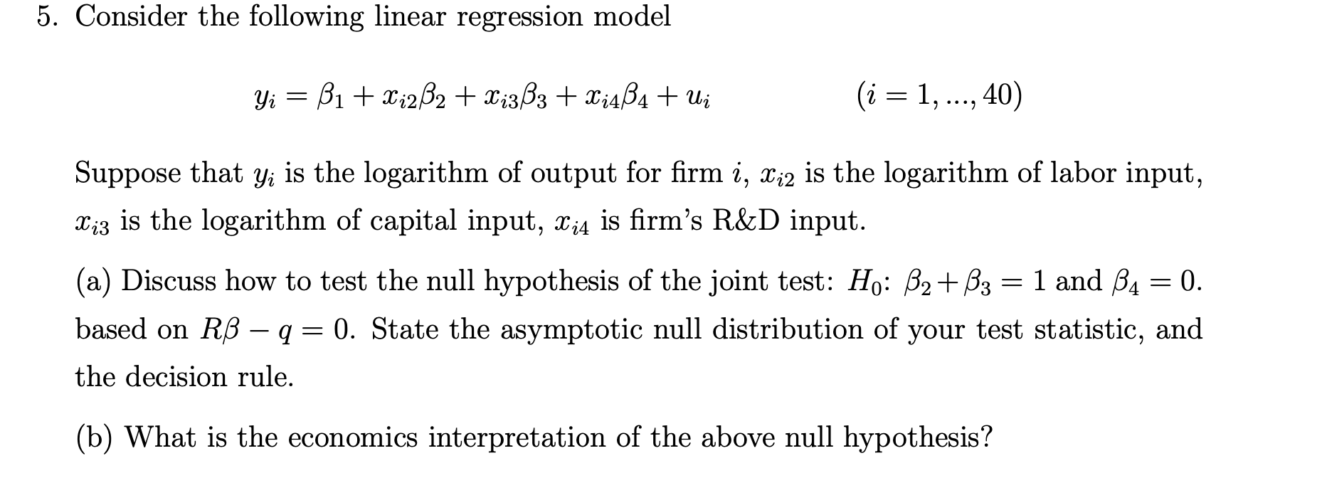 Solved 5. Consider the following linear regression model yi | Chegg.com