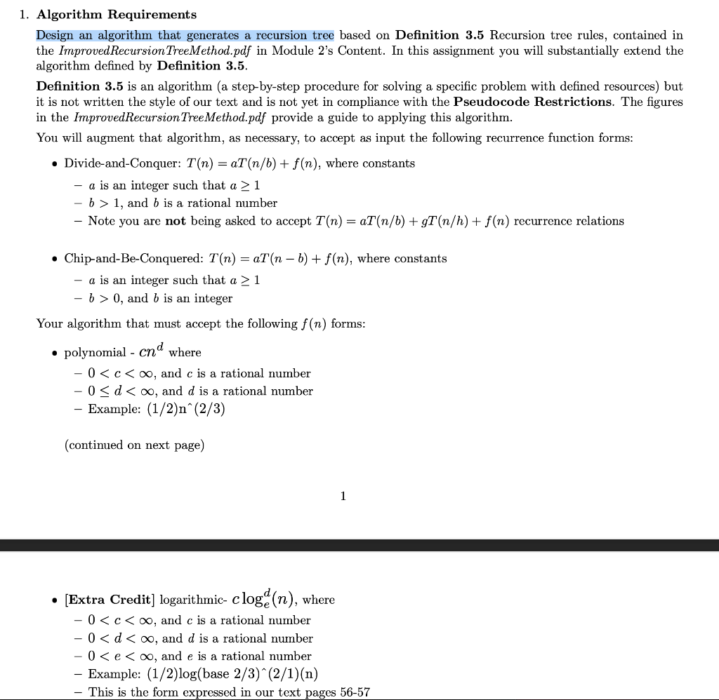 1. Algorithm Requirements Design an algorithm that | Chegg.com