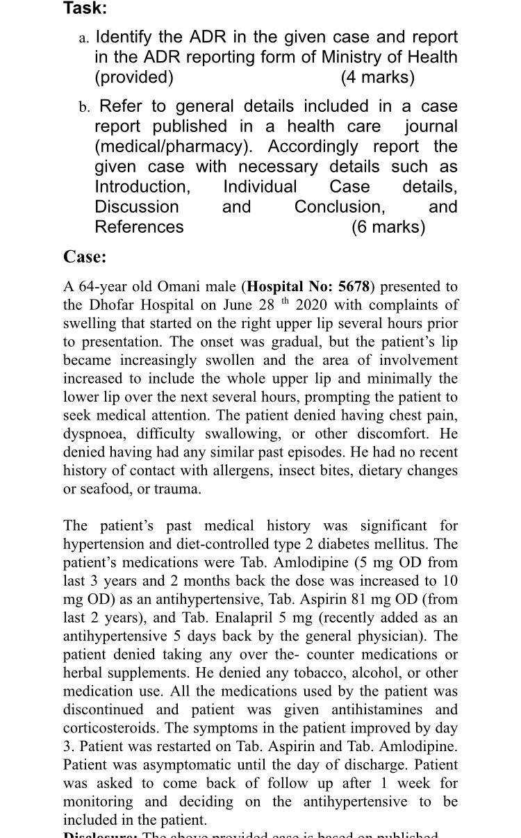 Solved Task: a. Identify the ADR in the given case and | Chegg.com