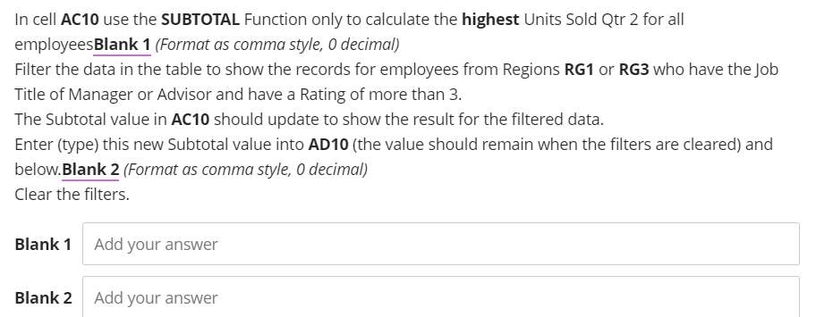 In cell AC10 use the SUBTOTAL Function only to | Chegg.com