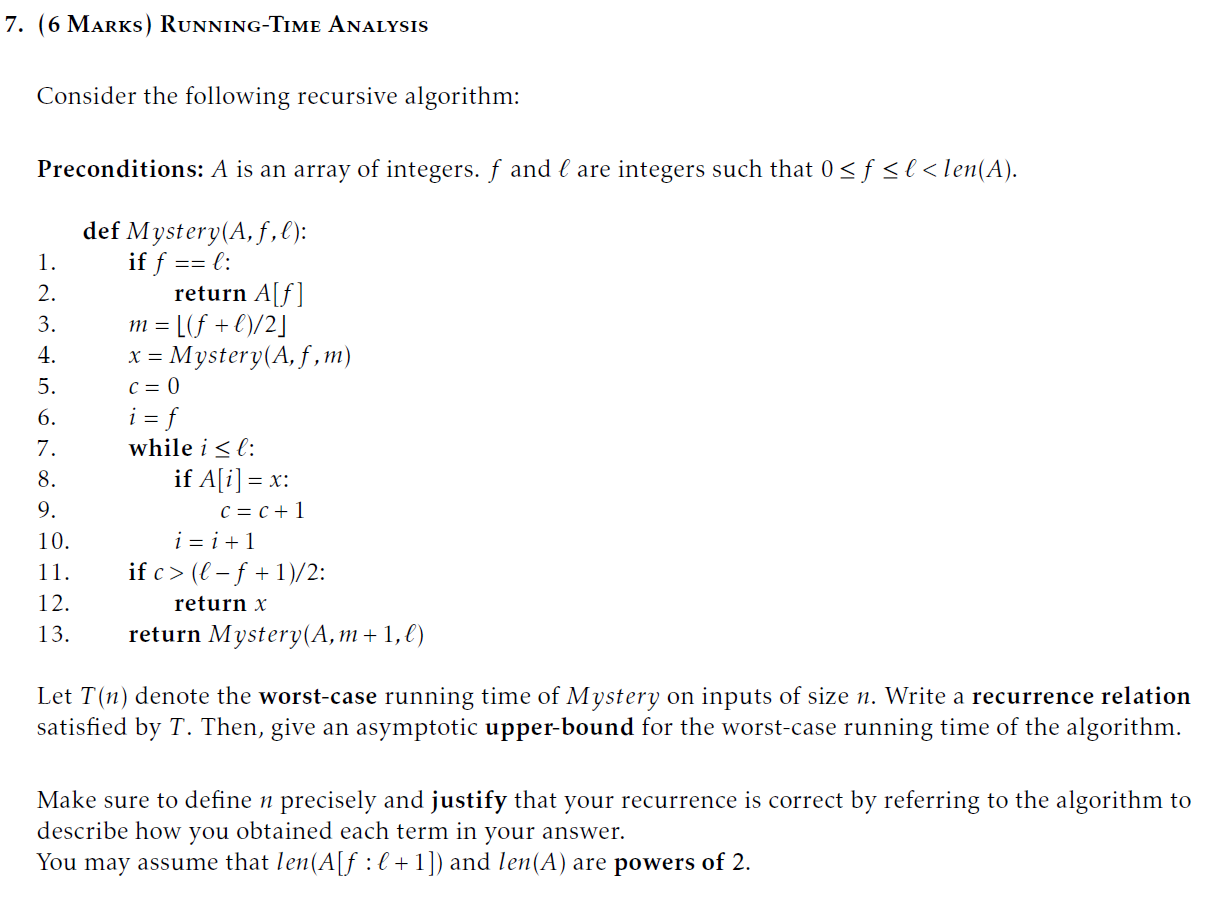 Solved 7. (6 MARKS) RUNNING-TIME ANALYSIS Consider the | Chegg.com