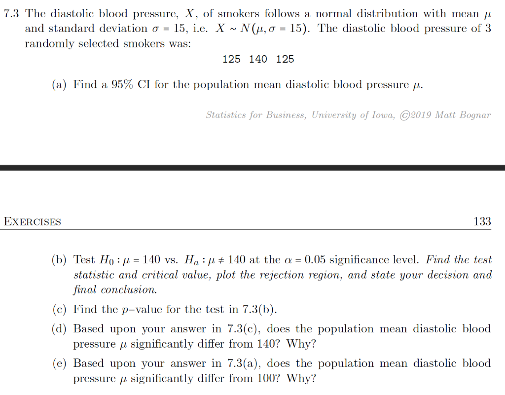 Solved 7.3 The diastolic blood pressure, X, of smokers | Chegg.com