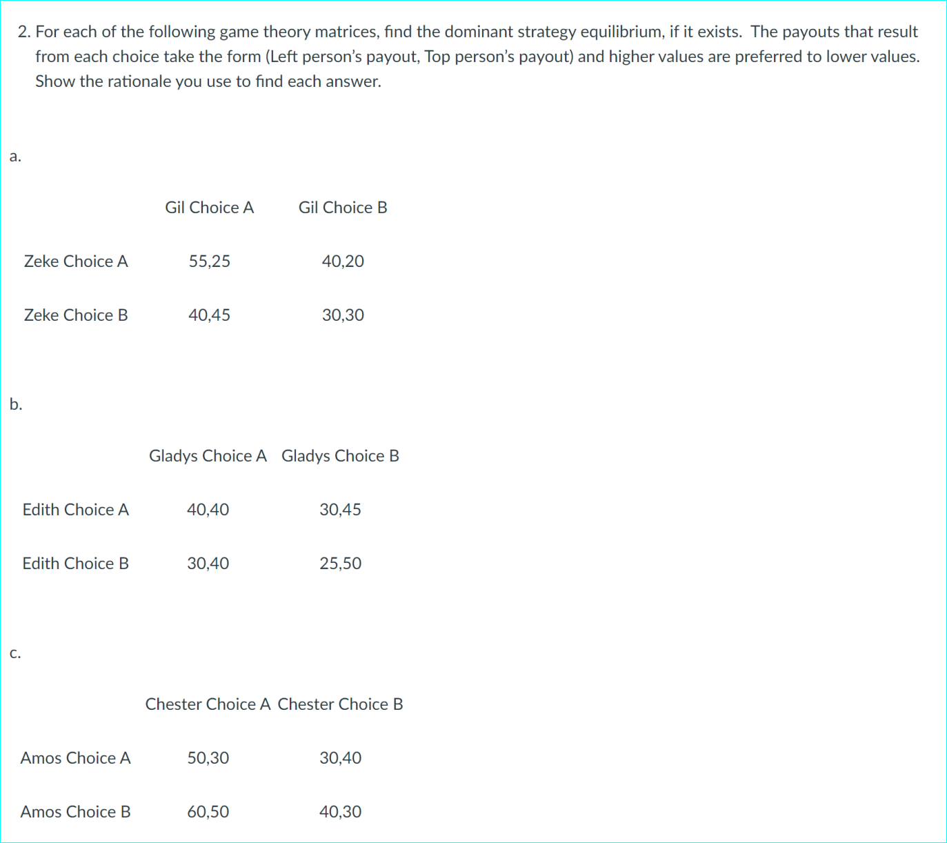 Solved 2. For each of the following game theory matrices, | Chegg.com