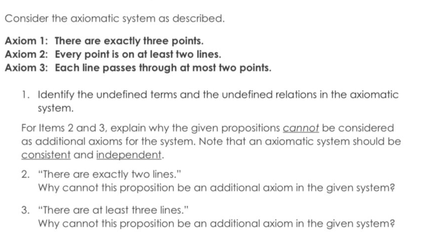 Solved Consider the axiomatic system as described. Axiom 1: | Chegg.com