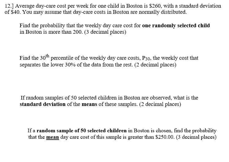 Solved 12.] Average day-care cost per week for one child in | Chegg.com