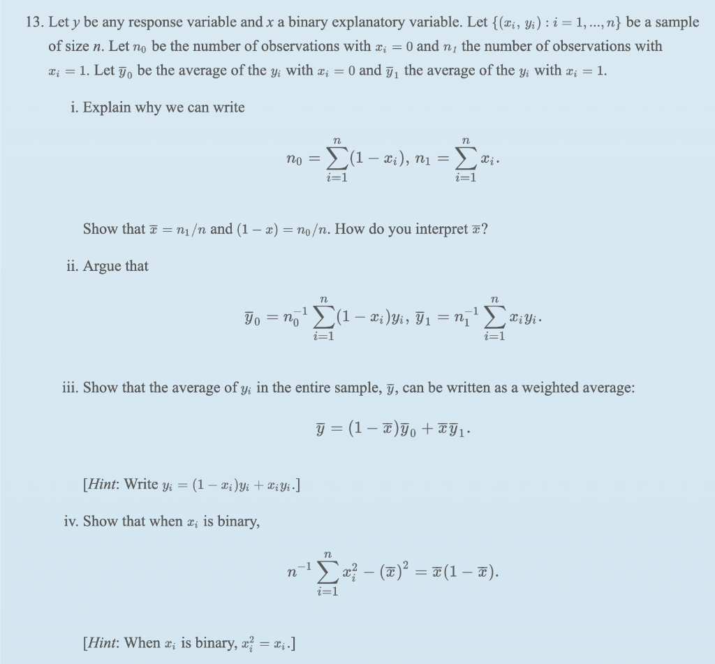 Solved 13. Let y be any response variable and x a binary | Chegg.com