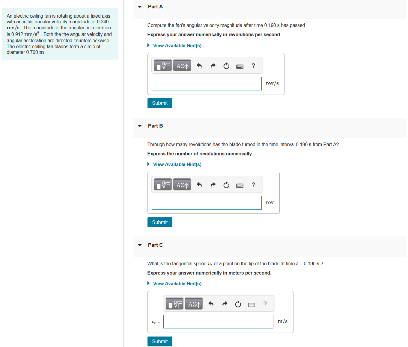 Solved An electric ceiling fan is rotating about a fixed | Chegg.com