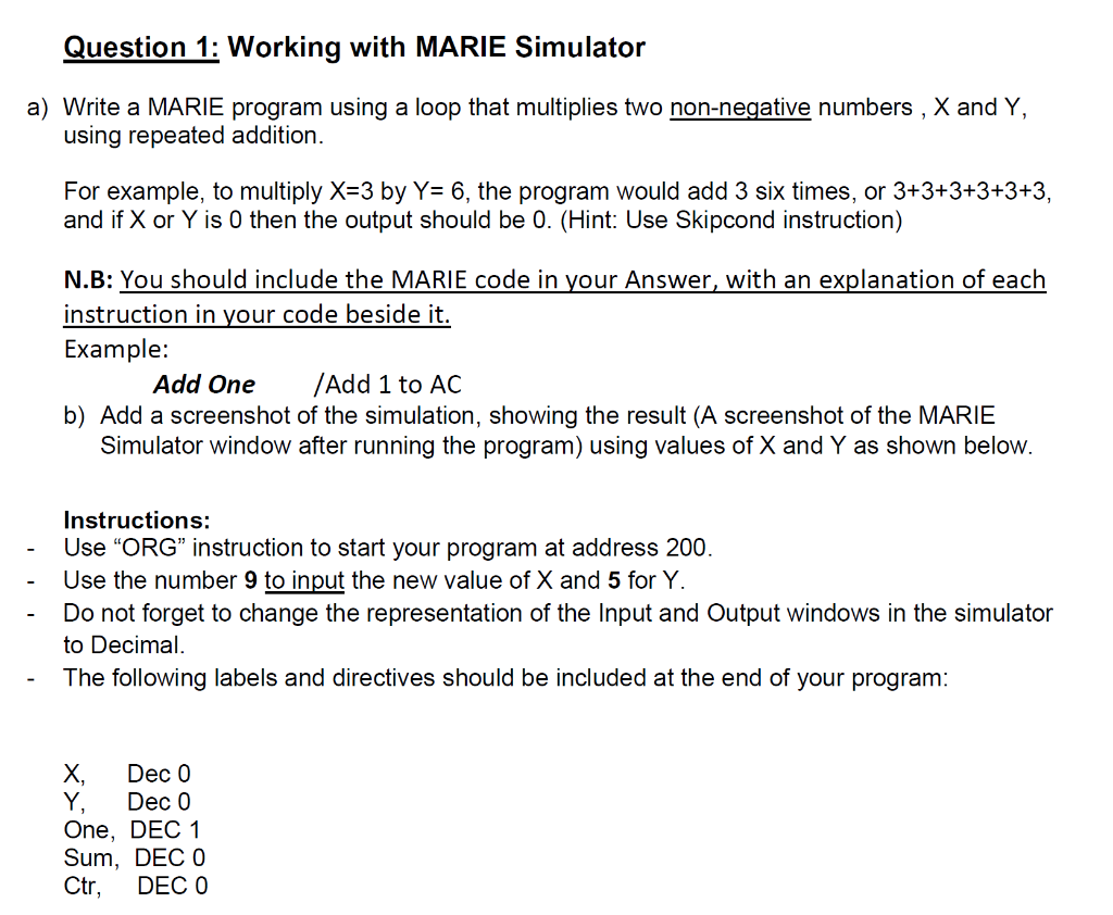 Solved Question 1 Working With Marie Simulator A Write A