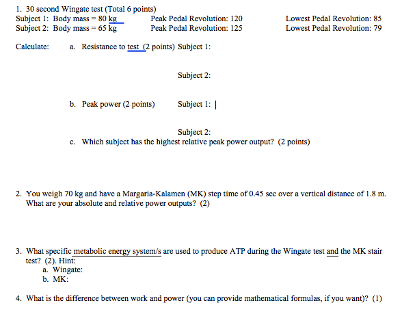 1. 30 second Wingate test (Total 6 points) Subject 1: | Chegg.com