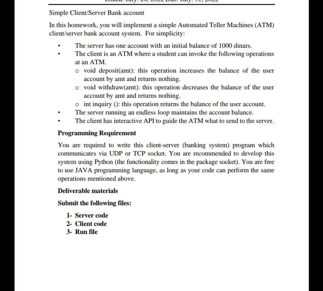 Solved Simple Client/Server Bank account In this homework, | Chegg.com