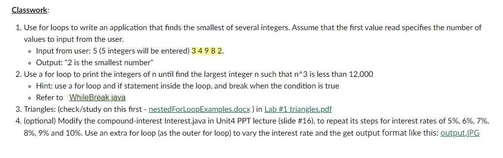 Solved Classwork: 1. Use for loops to write an application | Chegg.com
