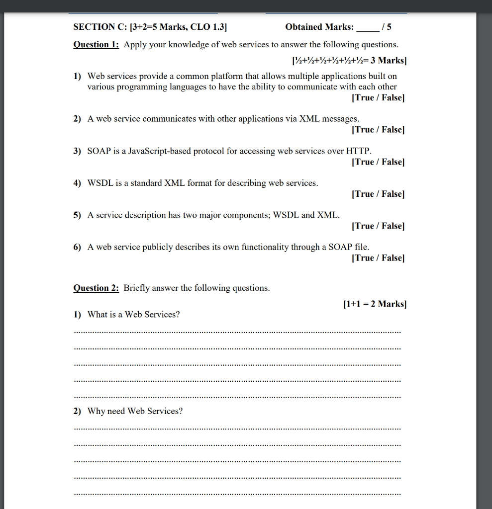Solved SECTION C: [3+2=5 Marks, CLO 1.3] Obtained Marks: /5 | Chegg.com