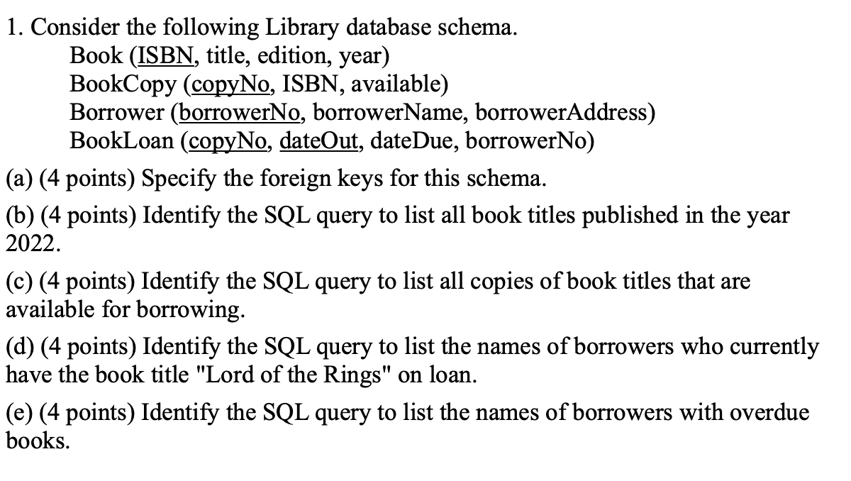 Solved 1. Consider the following Library database schema. | Chegg.com