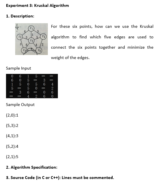 Solved Experiment 3: Kruskal Algorithm 1. Description: | Chegg.com