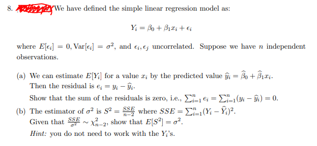 Solved 8. The have defined the simple linear regression | Chegg.com
