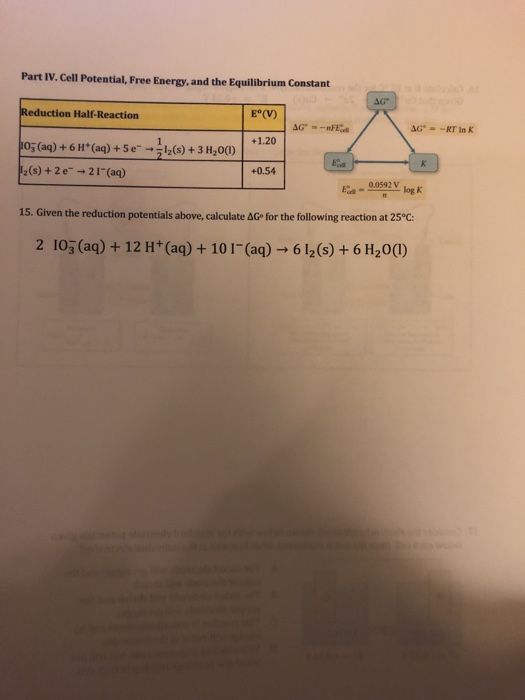 Solved Part IV. Cell Potential, Free Energy, and the | Chegg.com