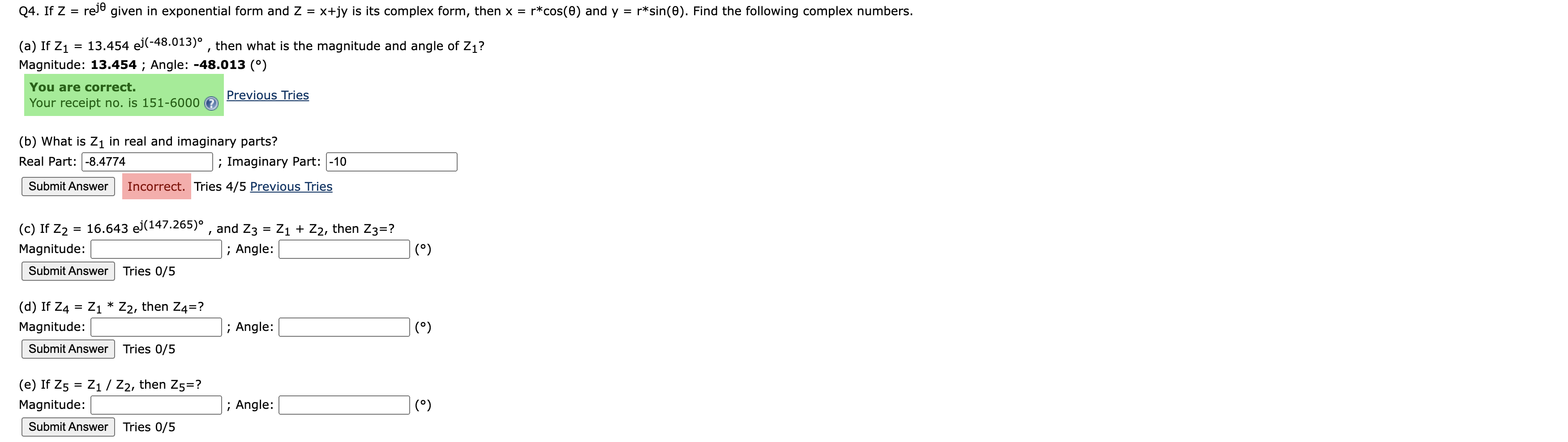 Solved (b) What is Z1 in real and imaginary parts? Real Part | Chegg.com