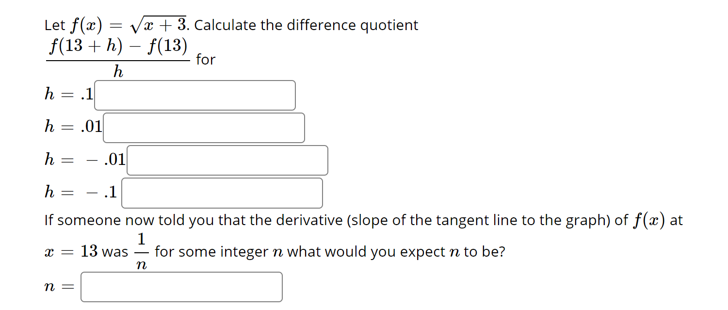 Solved Let f(x)=x+3. Calculate the difference quotient | Chegg.com