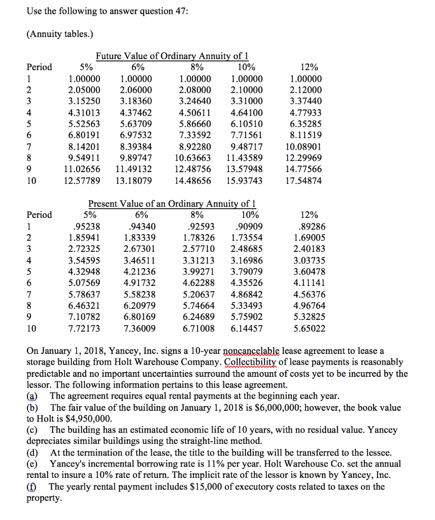 Solved Use the following to answer question 47: (Annuity | Chegg.com