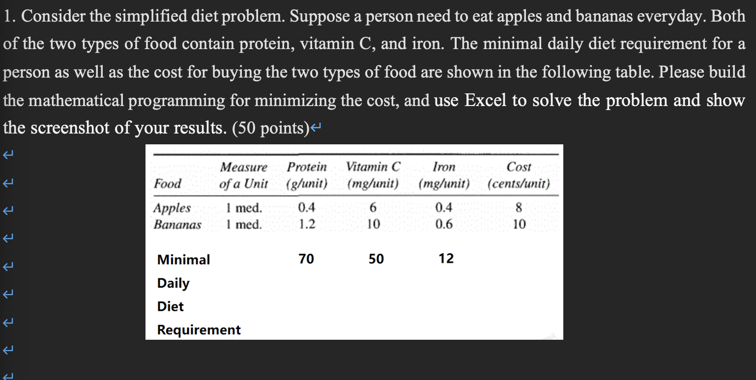 Solved 1. Consider the simplified diet problem. Suppose a | Chegg.com