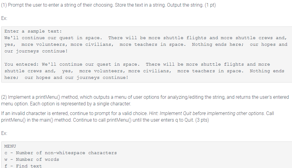 Solved 1 Prompt User Enter String Choosing Store Text String Output String 1 Pt Ex Enter