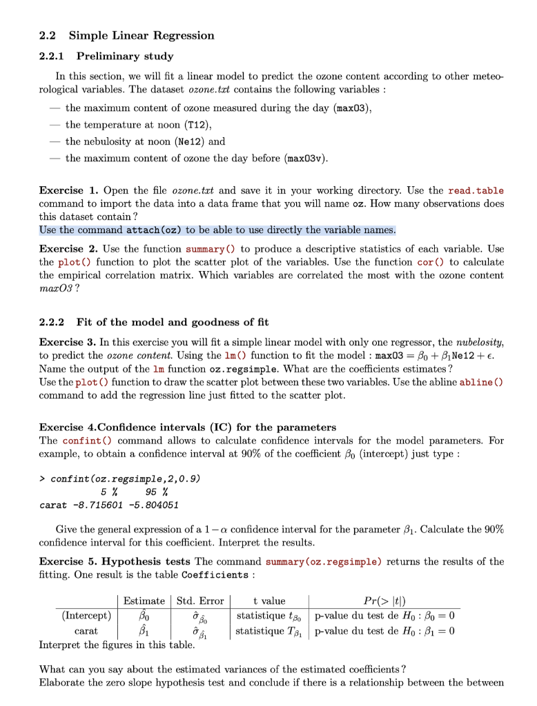 1 Part I: Exercises The simple linear regression | Chegg.com