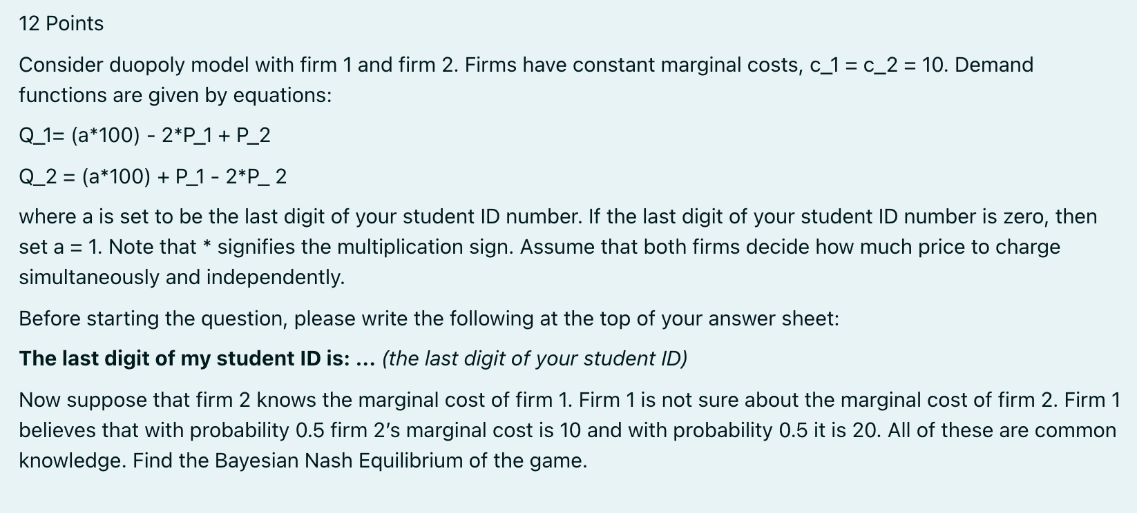 Solved 12 Points Consider duopoly model with firm 1 and firm | Chegg.com