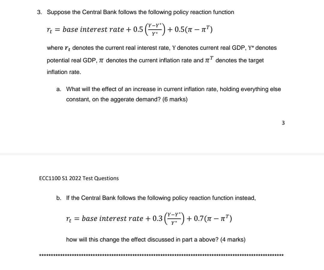 Solved 3. Suppose the Central Bank follows the following | Chegg.com