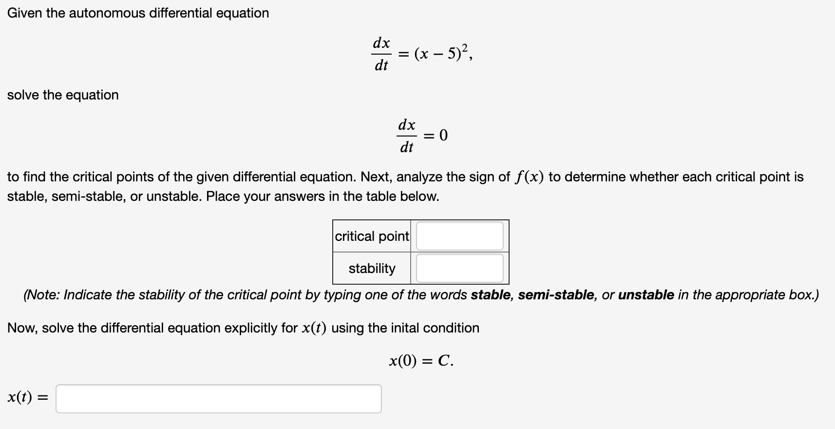 Solved Given the autonomous differential equation dx = (x - | Chegg.com