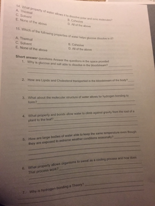 Solved Properties of Water Multiple Choice Write the correct | Chegg.com