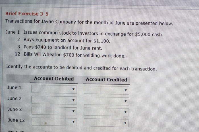 Solved Brief Exercise 3-5 Transactions for Jayne Company for | Chegg.com Solved Brief Exercise 3-5 Transactions for Jayne Company for | Chegg.com