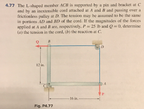 Solved 4.77 The L-shaped member ACB is supported by a pin | Chegg.com