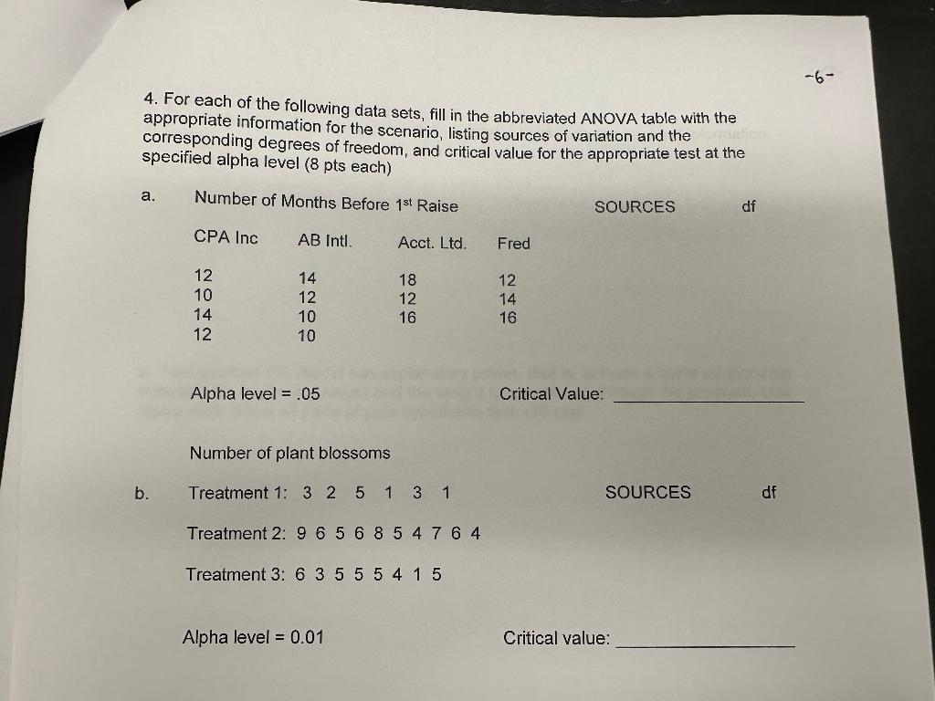 Solved 4. For each of the following data sets, fill in the | Chegg.com