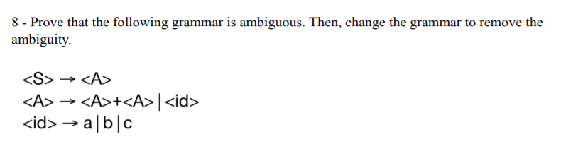 Solved 8 - Prove that the following grammar is ambiguous. | Chegg.com