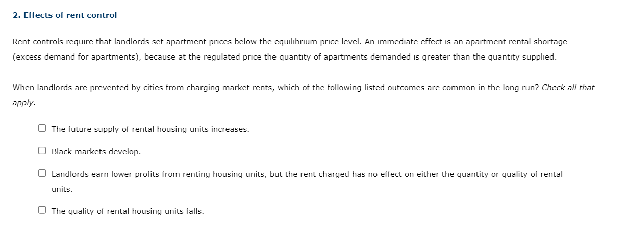 Solved 2. Effects of rent control Rent controls require that | Chegg.com