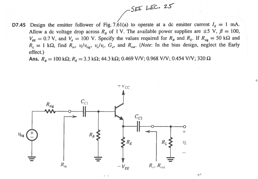 Solved 77.45 Design the emitter follower of Fig. 7.61(a) to | Chegg.com