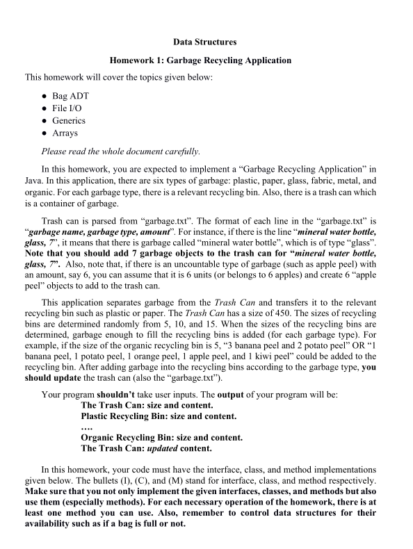 Solved Data Structures Homework 1: Garbage Recycling | Chegg.com