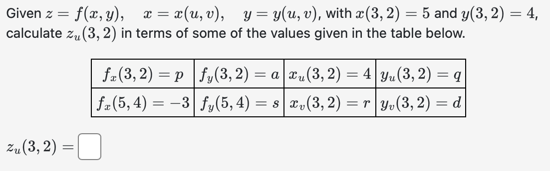 Solved Given z=f(x,y),x=x(u,v),y=y(u,v), ﻿with x(3,2)=5 ﻿and | Chegg.com