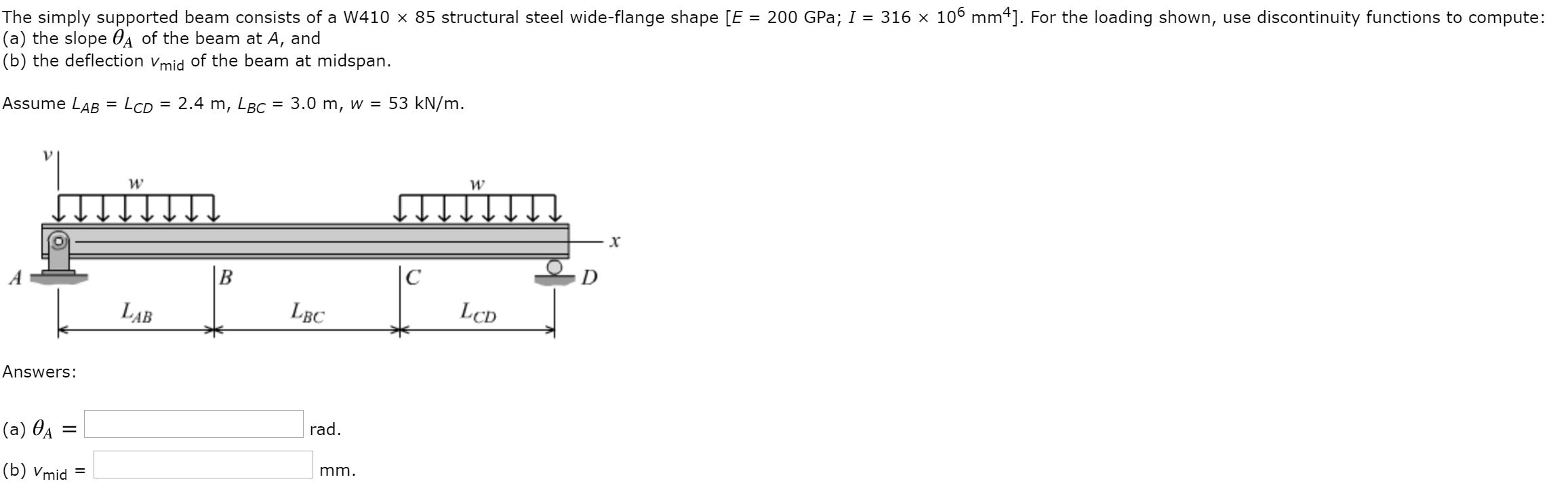 Solved The simply supported beam consists of a W410 x 85 | Chegg.com