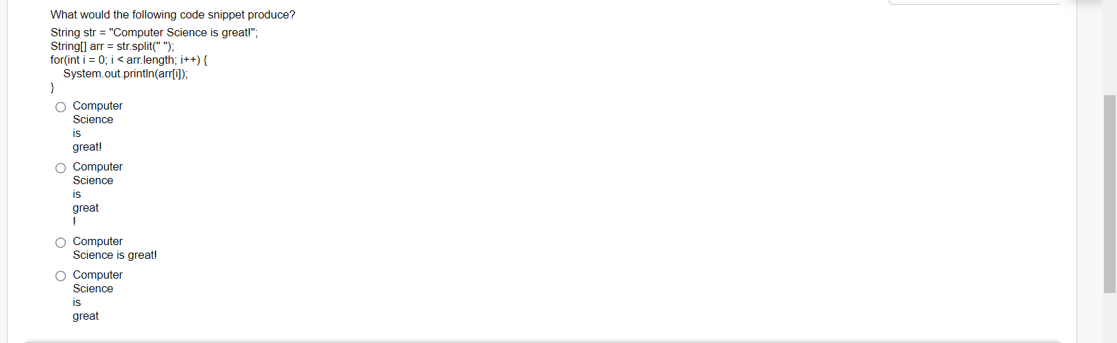 Solved What would the following code snippet produce? String | Chegg.com