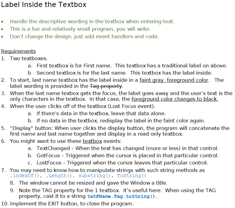 Solved Label Inside the Textbox - Handle the descriptive | Chegg.com