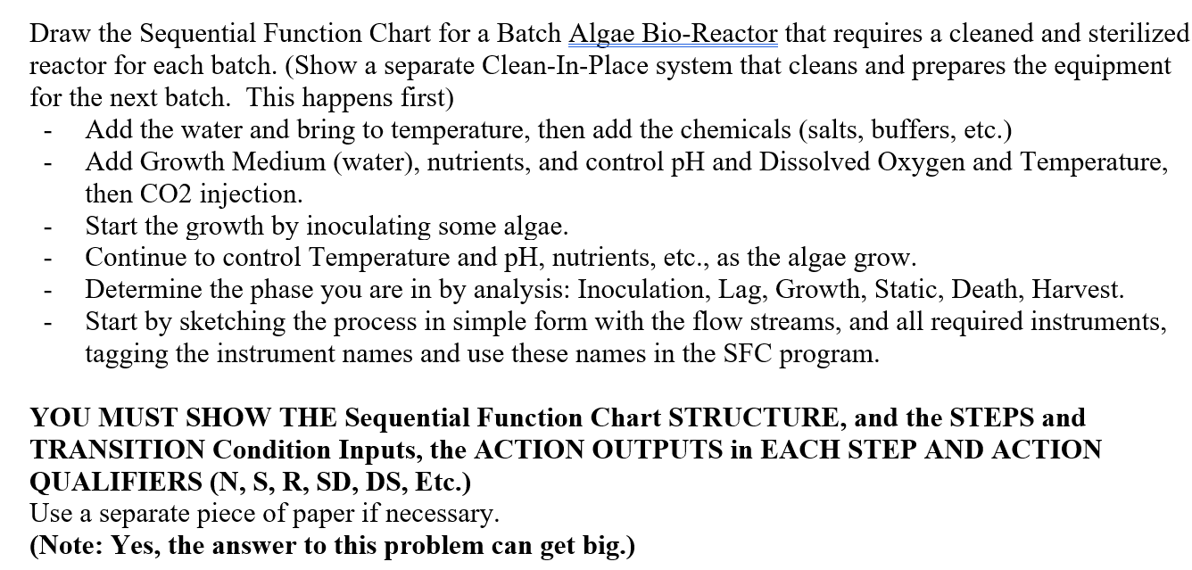 Draw the Sequential Function Chart for a Batch Algae | Chegg.com