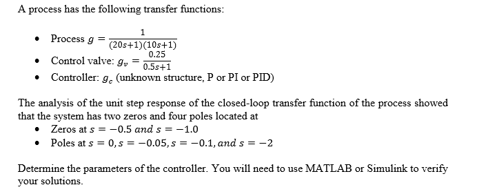 A process has the following transfer functions: 0.25 | Chegg.com