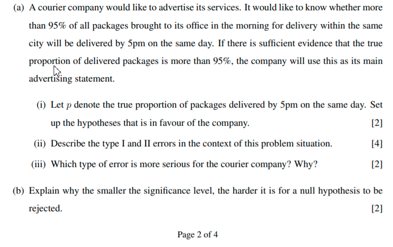 Solved (a) A courier company would like to advertise its | Chegg.com