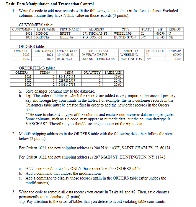 Solved Task: Data Manipulation and Transaction Control 1. | Chegg.com