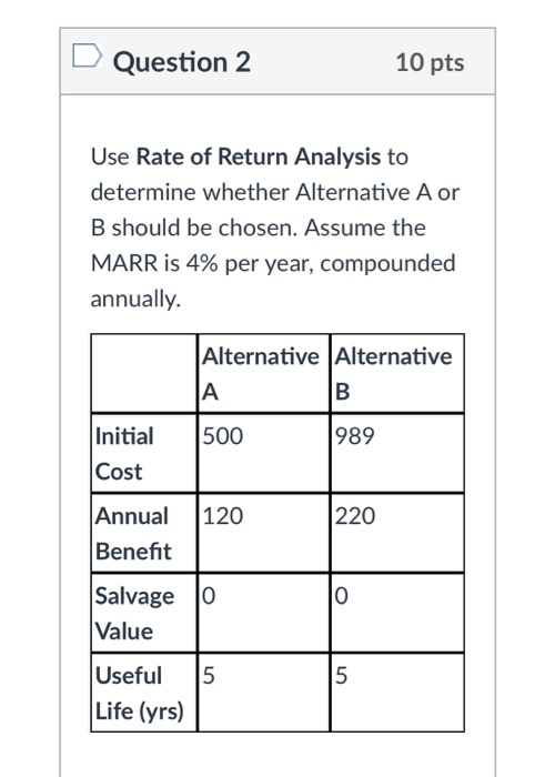 Solved Question 2 10 pts Use Rate of Return Analysis to | Chegg.com