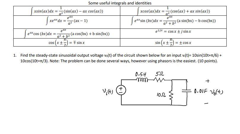 Solved Some useful integrals and identities 1 1 xsin(ax)dx | Chegg.com