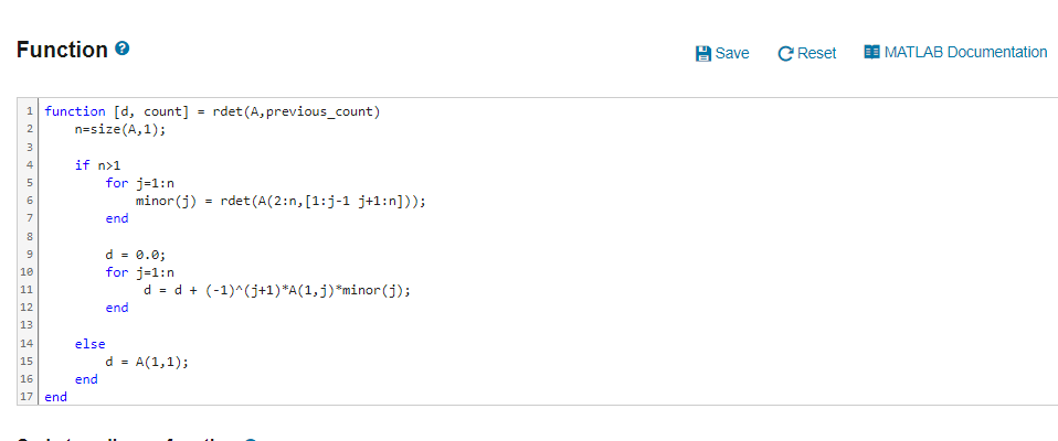 Solved Function 2 function [d, count ]=rdet(A, | Chegg.com