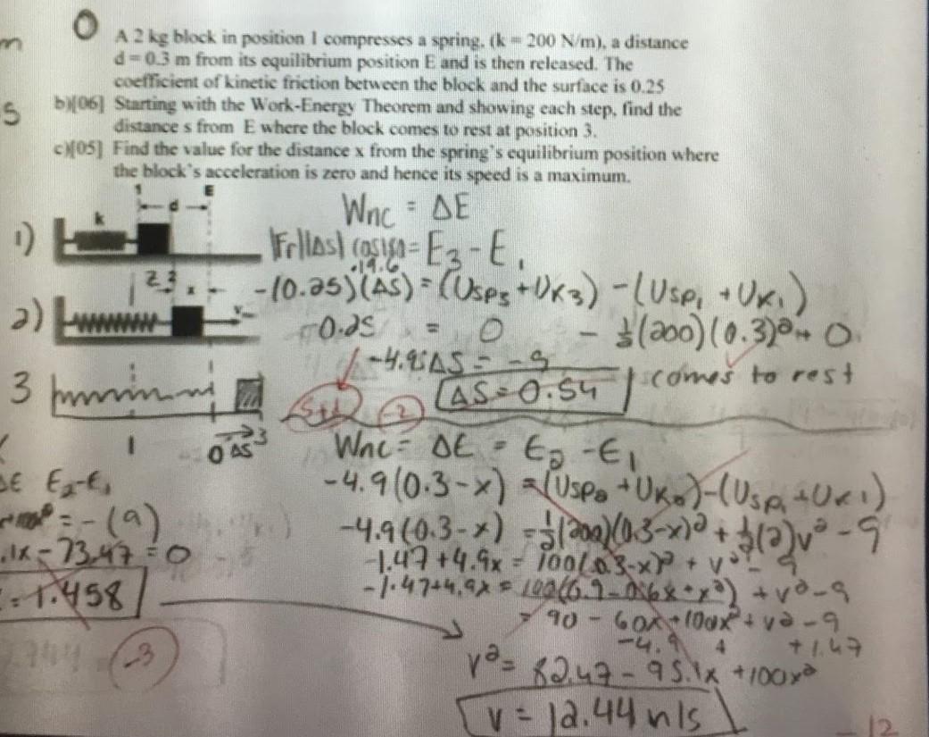 A 2 kg block in position 1 compresses a spring. ( | Chegg.com